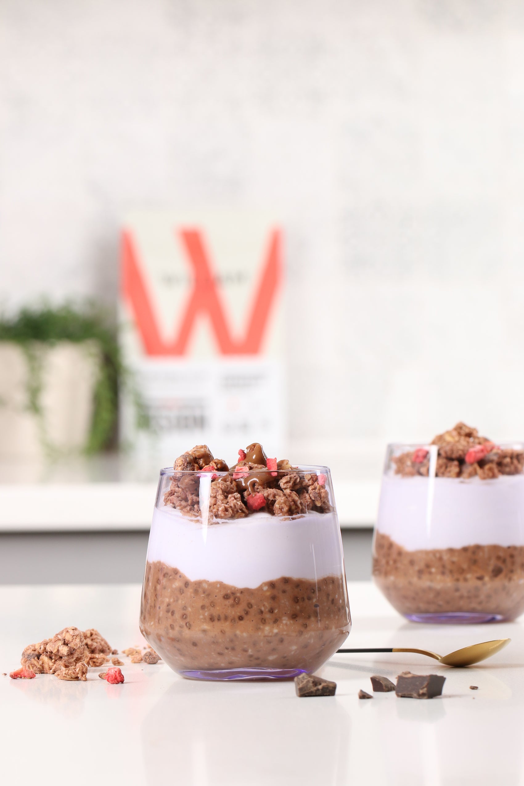 Overnight Chia chocolate espresso and yogurt layered verrine topped wi ...
