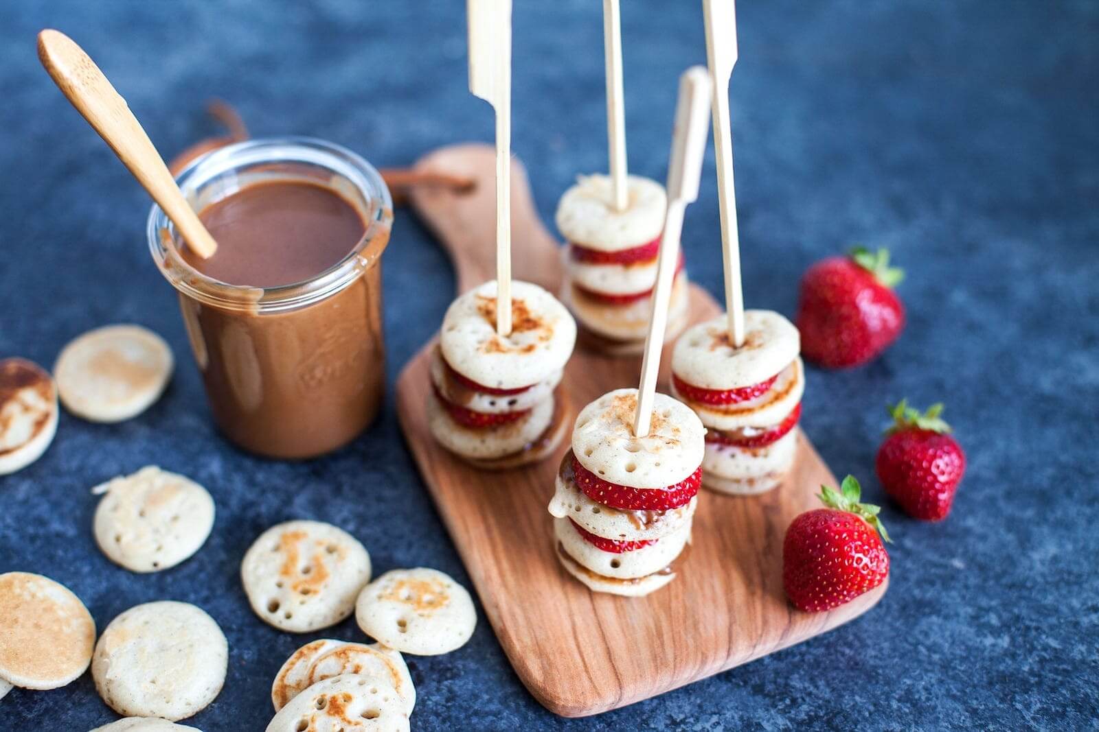 Mini Pancake Skewers with Hazelnut Butter and Fresh Fruits - Breakfast ...